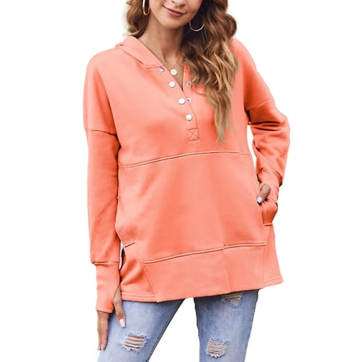 LaLaLa Women Casual Button V Neck Sweatshirt Oversized Pullover Hooded Tops with Pockets Orange