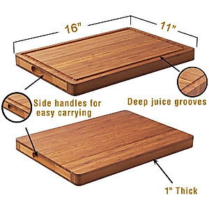 Bamboo Wood Cutting Board for Kitchen, 1" Thick Butcher Block, Cheese Charcuterie Board, with Side Handles and Juice Grooves, 16x11"