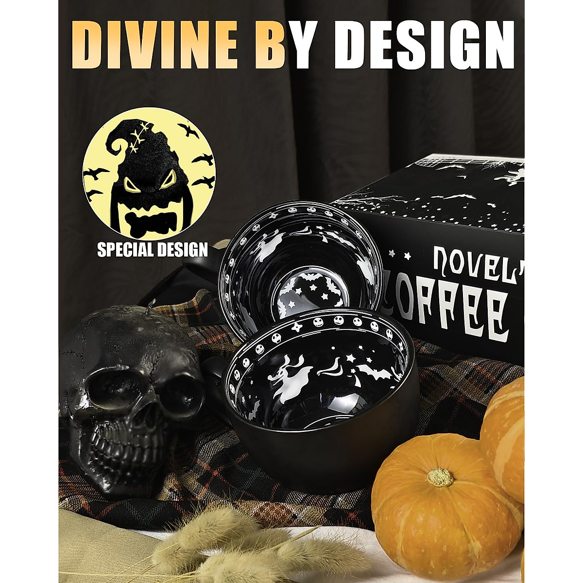 Christmas Gifts, Nightmare Midnight Skull Coffee Mugs with Spoons, Halloween Birthday White Elephant Weird Gifts for Women Men Girl Friends, Halloween Spooky Witchy Gothis Decor Horror Novelty Tea Cup