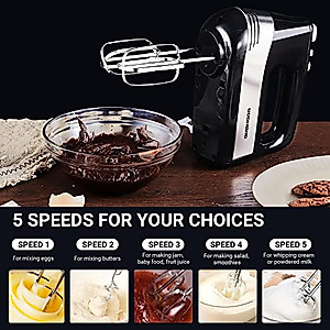 Hand Mixer Electric, REDMOND Hand Held Mixer with Turbo Function, Stainless Steel 5-Speed Kitchen Mixer for Whipping, Mixing Cookies, Cakes, and Dough Batters, Black