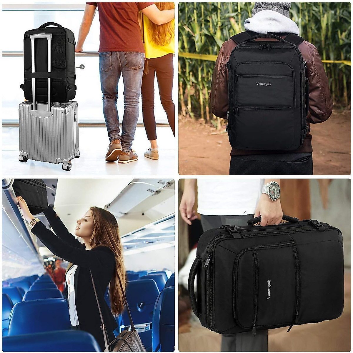 Vancropak Travel Backpack, 40L Flight Approved Carry On Backpack for Men & Women, Expandable Large Luggage Backpack Daypack Water Resistant Lightweight Business Weekender Bag, Black