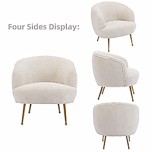 LukeAlon Sherpa Accent Chair with Ottoman Set, Upholstered Round Back Living Room Chair with Footrest Comfy Sofa Chair with Golden Metal Legs Elegant Barrel Chair for Reading Room, White