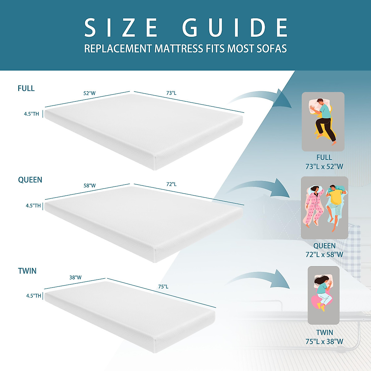 ArtleTa-Zg 4.5 Inch Memory Foam Sofa Bed Replacement Mattress for Full Size Sleeper | Oeko-TEX| CertiPUR-US Certified | Washable Cover(Sofa Not Included)