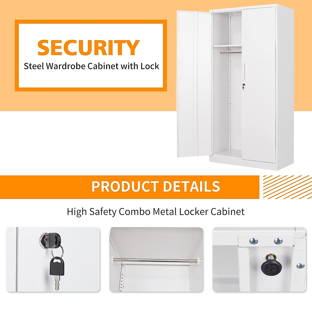 MIIIKO Steel Wardrobe Cabinet with 2 Doors, White Metal Locker Cabinet for Storage with Hanging Rod and 4 Shelves, Lockable Metal Closet Cabinet for Bedroom, Cloakroom and Home Office