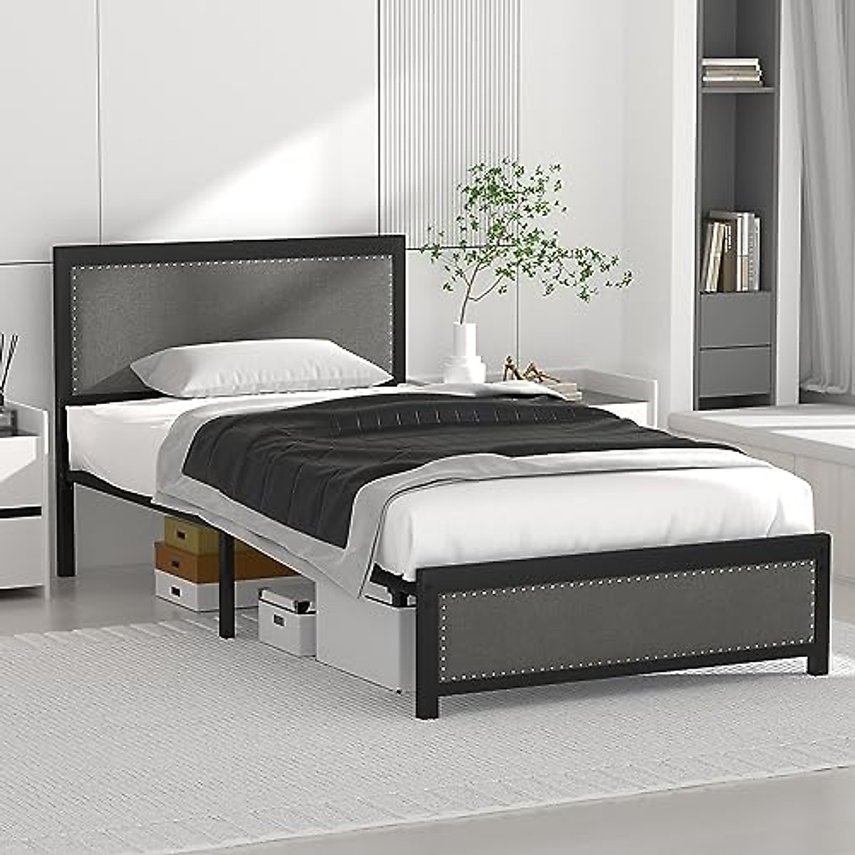 VECELO Twin Size Bed Frame with Linen Fabric Headboard and Footboard, Heavy-Duty Platform with Strong Steel Slats, No Box Spring Needed, Easy Assembly, Grey