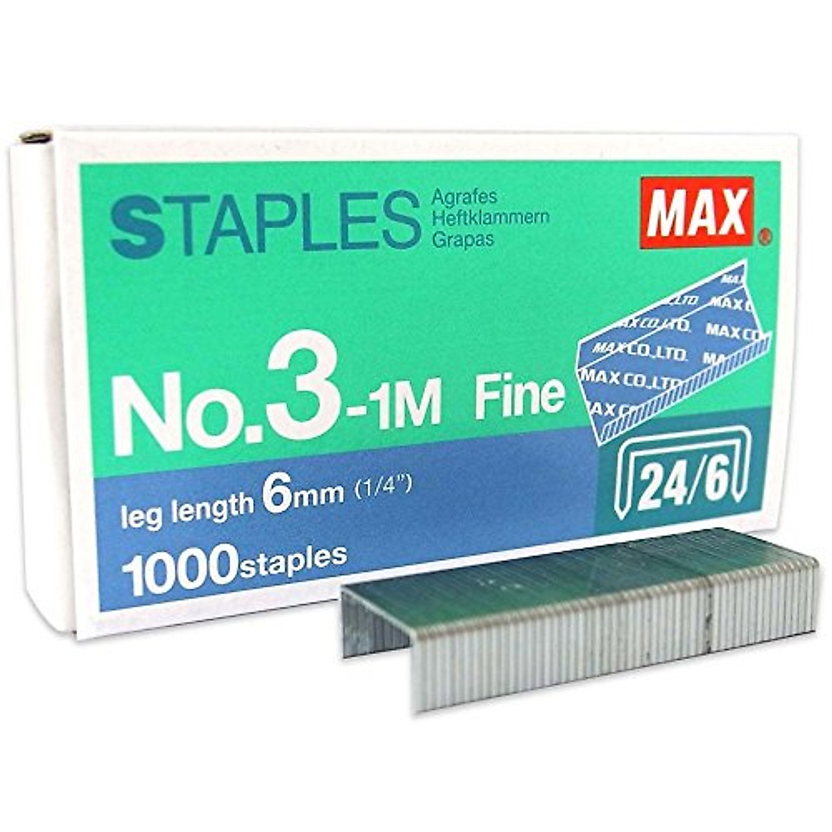 MAX No.3-1M Flat Clinch Staples (24/6) for Office Stapler - 4 Boxes (4,000-Staples)