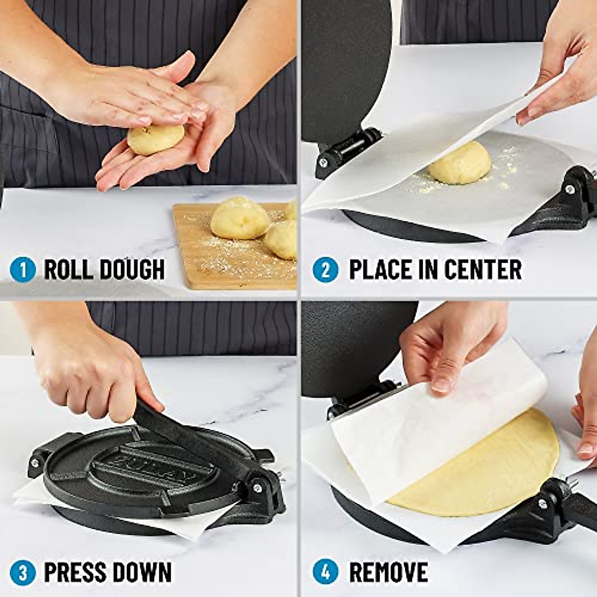 Zulay Cast Iron Tortilla Press 8 Inch - Pre Seasoned with 100 Pieces Parchment Paper - Heavy Duty Roti Maker and Flour Tortilla Press for Quesadilla, Naan, Chapati, Samosa, Poori, Saj Bread, Lahmacun