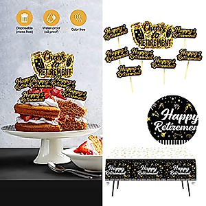 Happy Retirement Party Decorations supplies - (80pack) black gold party Banner, Pennant, Hanging Swirl, retirement balloons, Tablecloths, cupcake Topper, Crown, plates, Photo Props, retired Sash