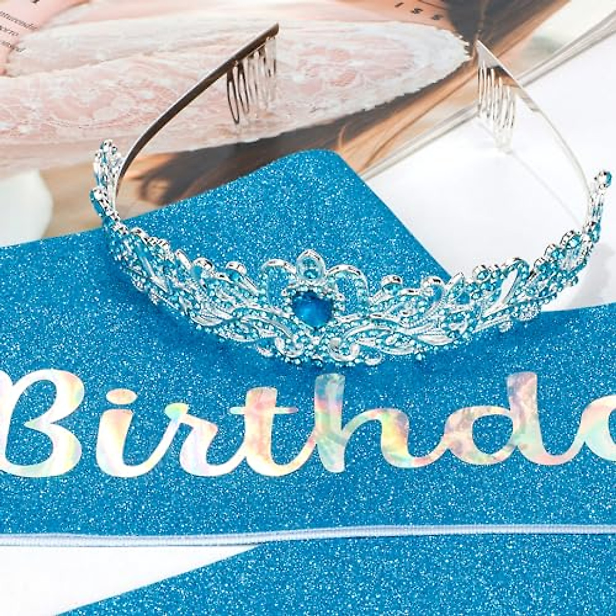 BAHABY Birthday Crown for Women, It's My Birthday Sash & Rhinestone Tiara Set Princess Birthday Sash and Tiara for Women Birthday Decorations Rhinestone Headband for Women Girls- Blue