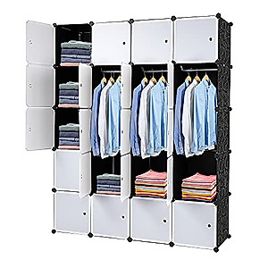 Portable Wardrobe Closet, Modular Plastic Clothes Storage Cabinet Chest w/ Doors, Organizer Cube DIY Bookshelf Combination Armoire for bedroom, living room, Black (20-Cube & 5 Hanging Section)