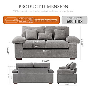 Living Room Loveseat Sofa Couch, 73" Love Seat Couch Sofa, Upholstered Chenille Living Room Sofa with Extra 3 Pillow, Removable Back Cushion-LightGrey