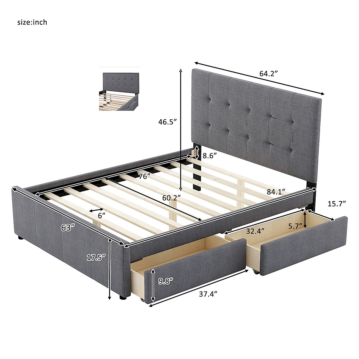 RUNWON Queen Size Linen Upholstered Platform Bed Frame with Headboard and Two Drawers for Bedroom, Grey