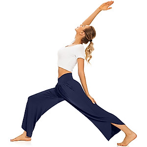 TARSE Womens Wide Leg Yoga Pants Cross High Waisted Capris Plus Size Palazzo Split Leg Trousers Casual Flared Sweatpants with Pockets (Navy,XL)
