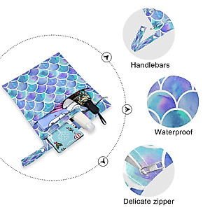 AUUXVA Wet Dry Bags Set Blue Purple Mermaid Scale,Cloth Diaper Wet Bag Waterproof Reusable with Two Zippered Pockets for Travel Beach Pool Swimsuits Wet Clothes,2pcs