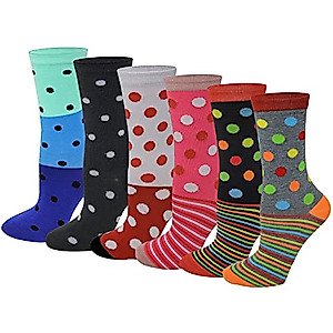 Sumona 6 Pairs Women Colorful Fancy Design Soft & Stretchy Novelty Crew Socks (Bright Polka Dot)