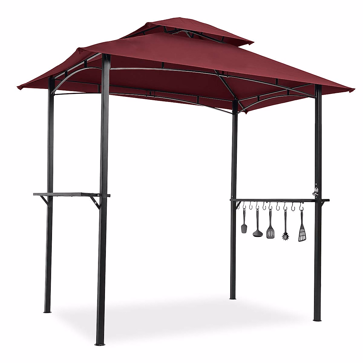8' x 5' Grill Gazebo Shelter, Outdoor BBQ Gazebo with Double Tier Soft Top, Grill Canopy Tent with Hook and Shelves for Patio Backyard, Steel Frame, Burgundy