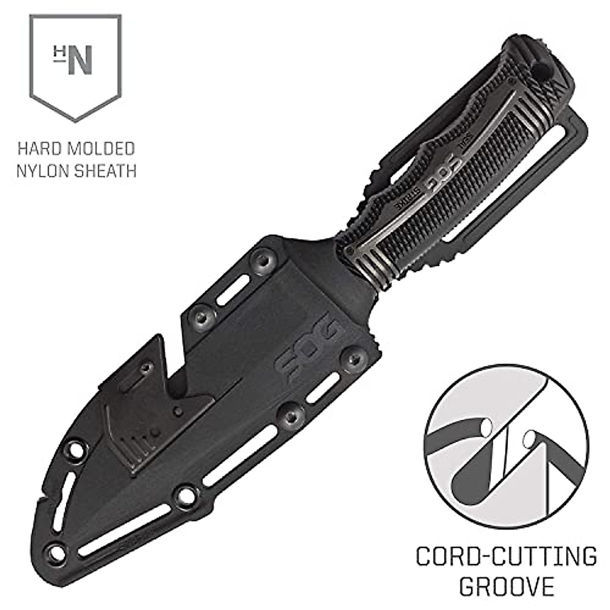 SOG Seal Strike Fixed Blade Knife with Sheath- Tactical and Hunting Knife with 4.9 Inch Partially Serrated Bowie Knife Blade and Survival Knife Line Cutter (SS1003-CP)
