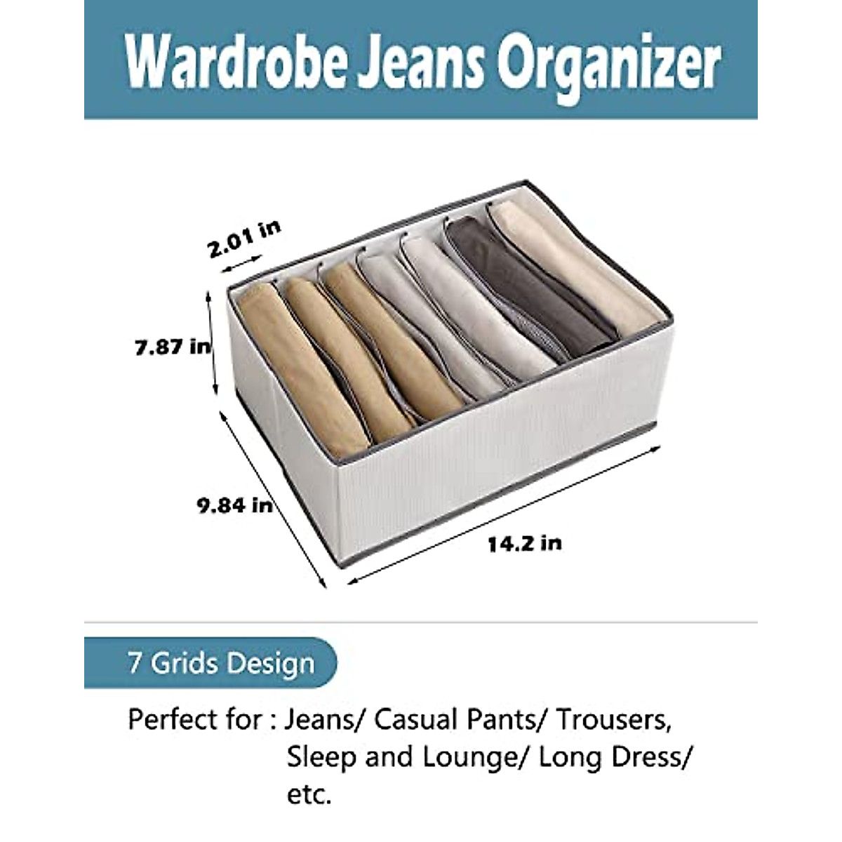 2 Packs Wardrobe Clothes Organizer with Upgraded PP Support Board | Foldable 7-Grid Closet Drawer Divider Organizers | Washable Clothes Storage Organizer for Jeans, Pants, T-shirts, Leggings (Gray)