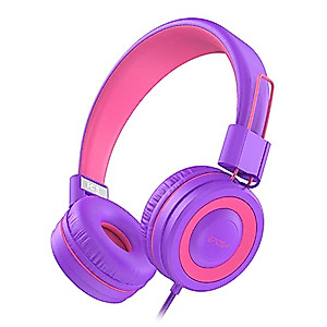 Kids Headphones, Eposy E10 Wired Headphones for Kids Foldable Stereo Bass Headphones with Adjustable Headband, Tangle-Free 3.5 mm Jack for School, On-Ear Headset for Boys Girls Cellphones(Pink/Purple)