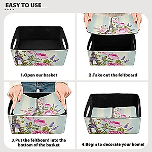 Eiffel Tower Floral Storage Basket Felt Storage Bin Collapsible Toy Boxs Foldable Felt Cube Organizer for Kids Bedroom Magazine