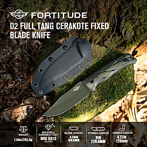 OKNIFE Fortitude Full Tang Knife with Kydex Sheath, 4.72" Clip Point Blade Knife with D2 steel Cerakote Coating Blade and G10 Handle