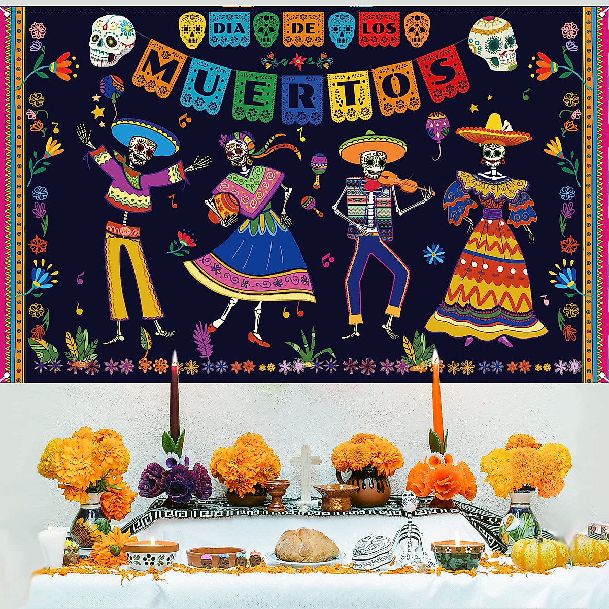 Day of The Dead Backdrop for Mexican Fiesta Sugar Skull Flowers Background Dia DE Los Muertos Birthday Halloween Party Supplies Fiesta Banner Party Decoration Photo Booth Studio(Dance)