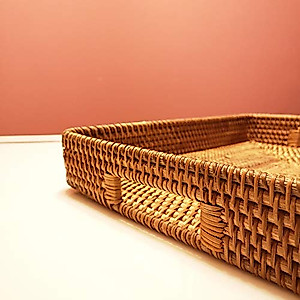 17 Inch Oversize Handmade Serving Tray, Rectangular Trays with Cutout Handles and 2.3”Wall, Decorative Rattan Storage Baskets Woven Organizer Plate Tray For Bread, Fruits，Catch All Dish, XL, Brown