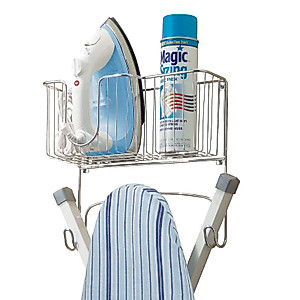 mDesign Metal Steel Ironing Board Holder Wall Mount with Large Storage Basket for Laundry Rooms - Holds Iron, Ironing Board, Spray Bottles, Starch, or Stain Sticks - Easy Installation - Chrome