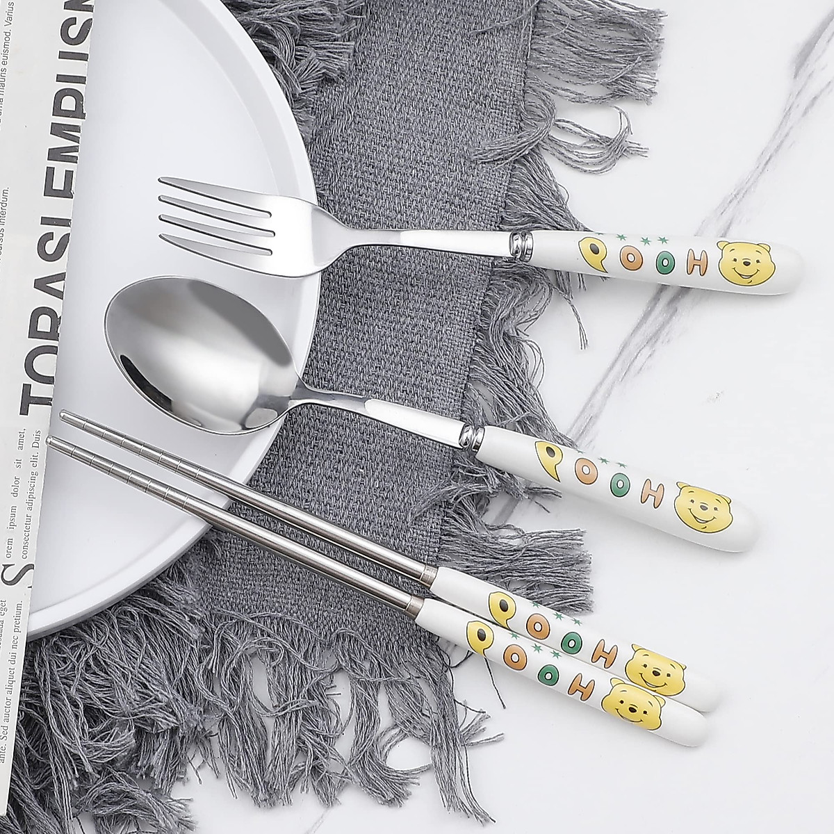 Pooh Portable Camp Reusable Flatware Cute Pooh Bear Travel Utensils Case with Stainless Steel Fork Spoon Chopsticks(SCF-Pooh)