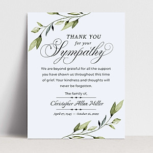 Greenery personalized sympathy thank you notes, Funeral thank you cards with envelopes.