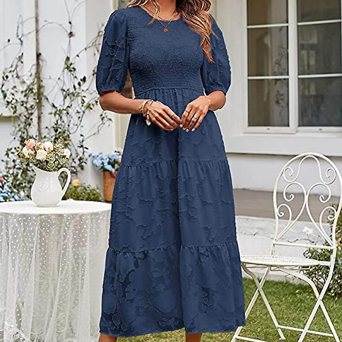 BBIQI Women's Summer Women's Puff Sleeve Crewneck Flowy Midi Dress Pink Dresses Stereoscopic Ruffle Floral Dresses Graduation Dress