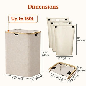Lifewit 150L Laundry Basket with Lid 3 Section, Large Laundry Hamper with Bamboo Handles and Removable Laundry Bags, Clothes Hampers for Laundry for Bedroom, Bathroom, Dorm, Laundry Room, Beige