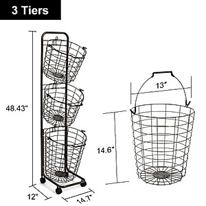 Ganggend 3-Tier Laundry Basket with Lockable Wheels, Wire Laundry Hamper with Rubber Handle Laundry Cart Storage Rolling Hamper for Organizing Clothes