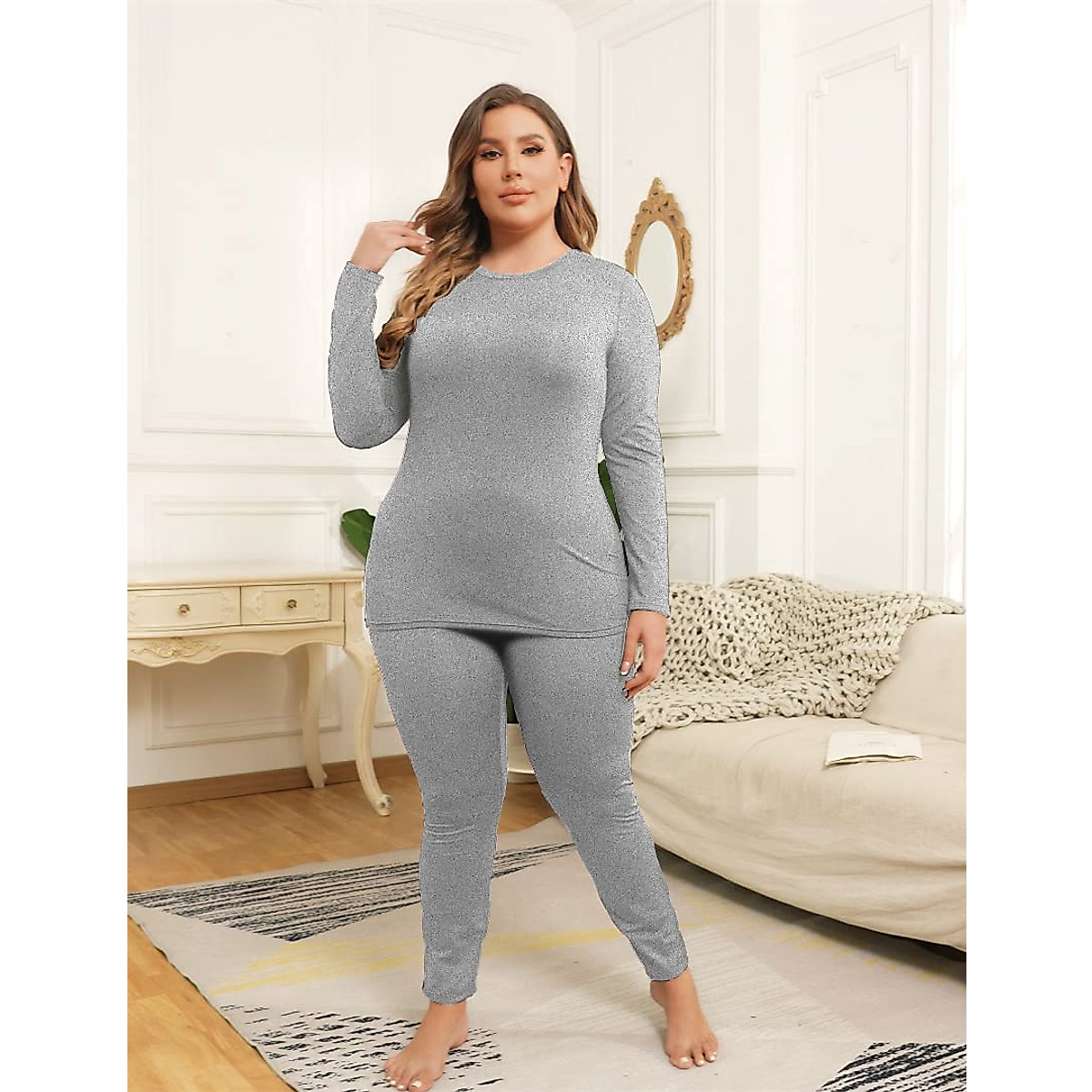 COOTRY Plus Size Thermal Underwear for Women Long Johns Fleece Lined Base Layer Sets Set - Light Gray 4XL
