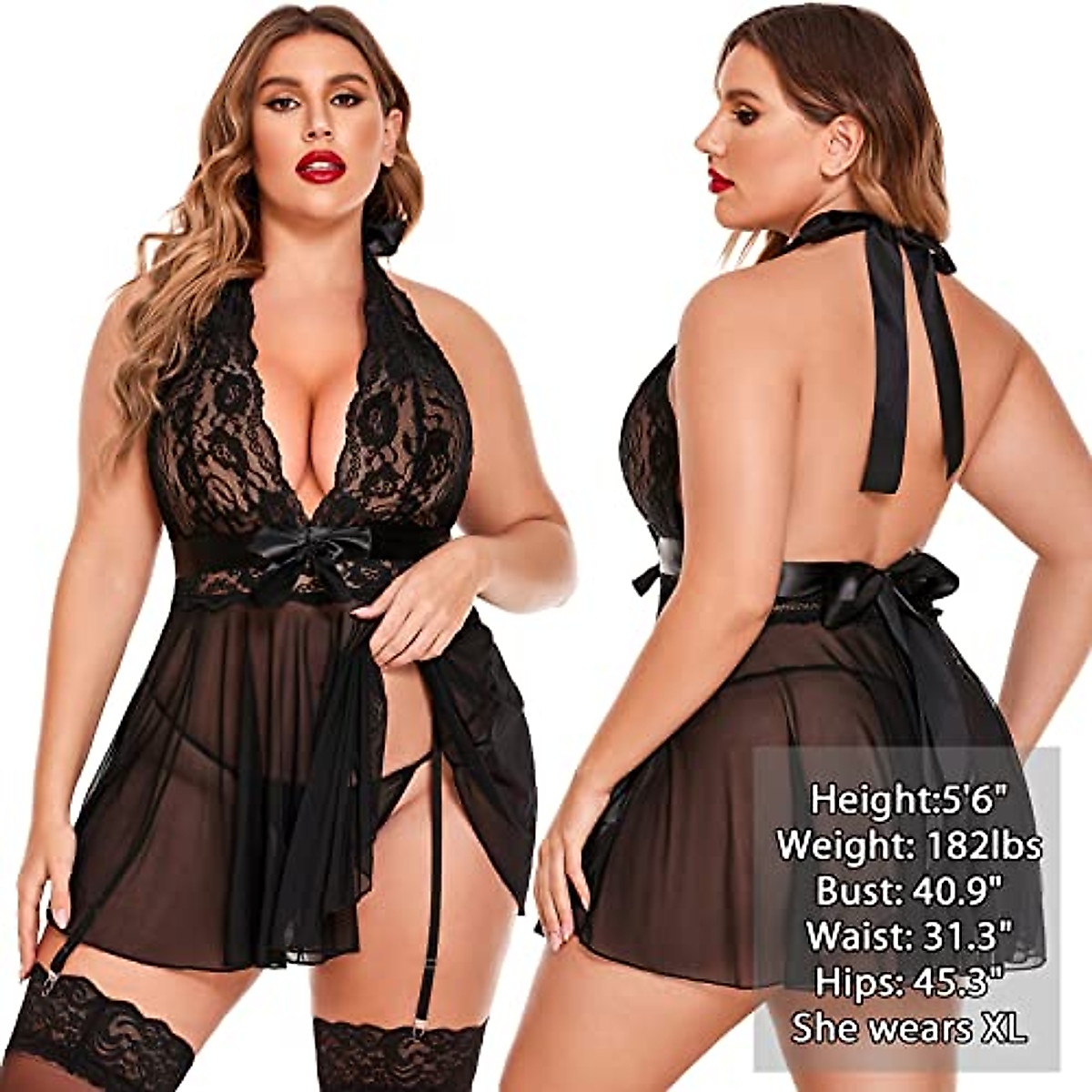 Avidlove Lingerie for Women Lace Babydoll Dress Backless Halter Chemise Sleepwear Black L