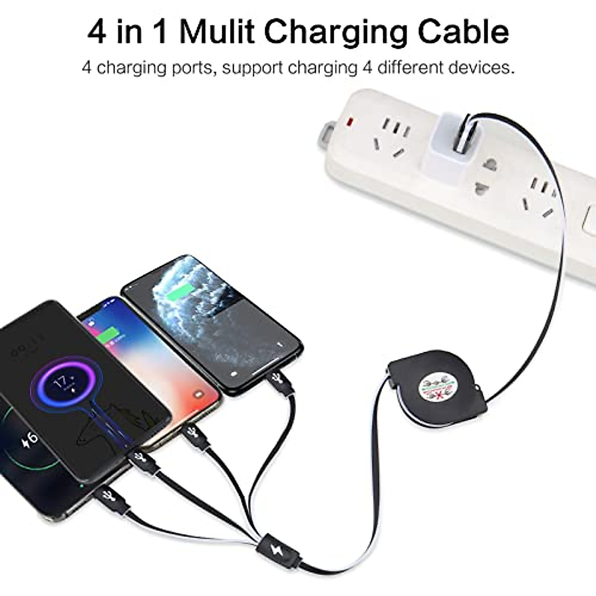 Multi Charging Cable 2 Pack 3FT, 4 in 1 Retractable Multiple Charger Cord Multi USB Cable Adapter with Dual Lightning/Type C/Micro USB Port for iPhone/Samsung Galaxy/Pixel/Phones/Tablets and More