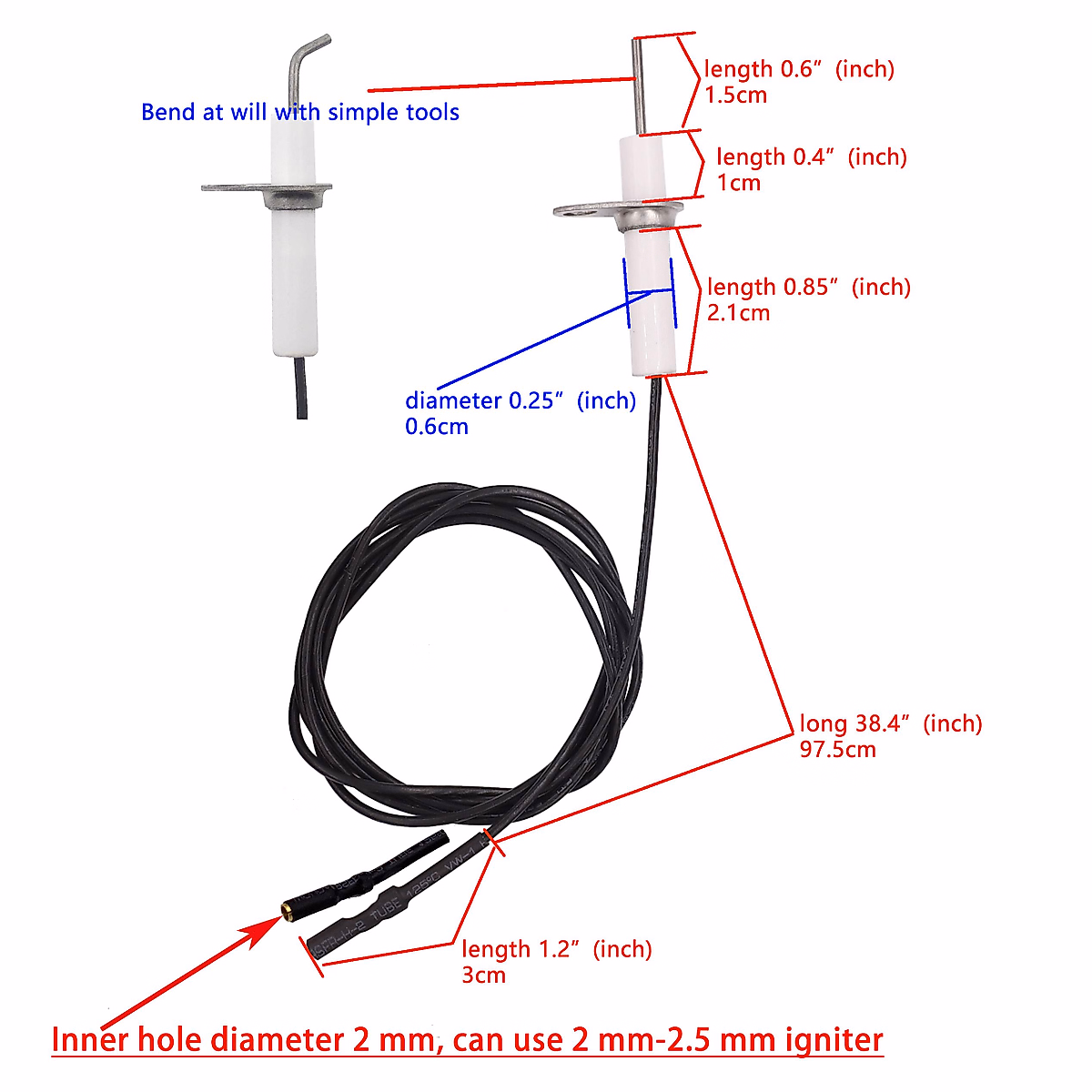 METER STAR 2Pc 38" Ignitor Wire & Ceramic Electrode Assembly Replacement,Ignition Electrode Can DIY Bending for Gas Burner Ceramic Spark Plug Ignition Electrode Replacement