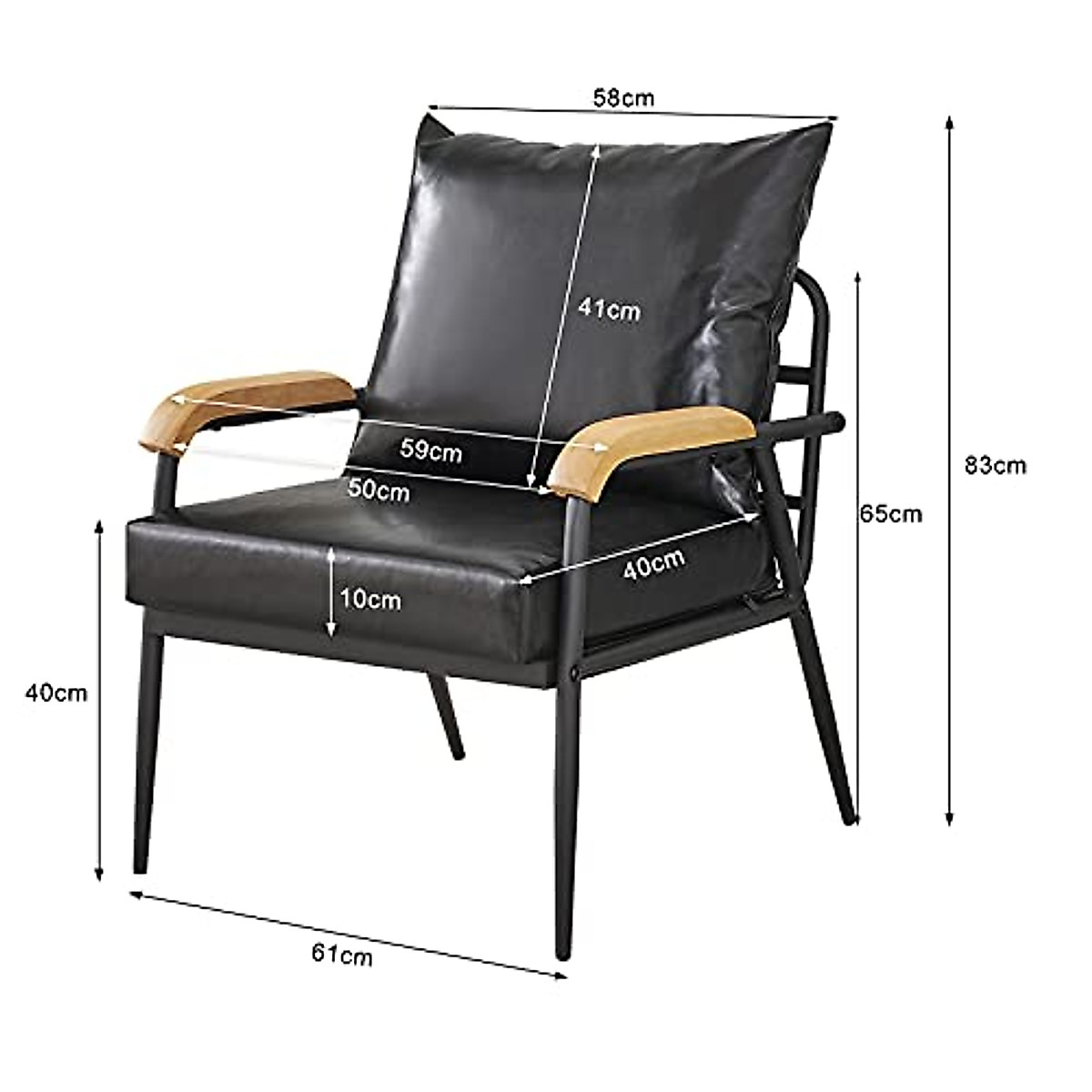 TUKAILAi PU Leather Single Sofa Couch, Modern Accent Chair with Solid Wood Armrest and Sturdy Metal Frame, Upholstered Lounge Chair Armchair for Living Room Bedroom Guest Reception (Black)