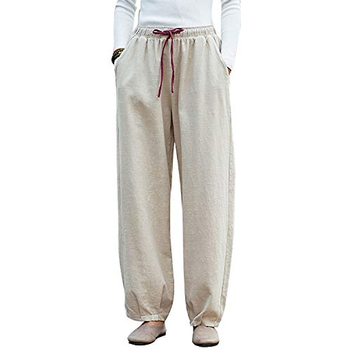 Safeeye Women's Loose Linen Pants Casual Wide Leg Drawstring Striaght Fit Trousers Beige XXL