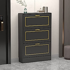 AGOTENI Shoe Cabinet, Tipping Bucket Shoes Cabinets, Shoes Cabinet with 3 Flip Drawers, Narrow Shoe Rack Cabinet for Entryway, Modern Shoes Organizer Cabinet (31.5”W x 9.5”D x 47.2”H)