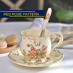 YOLIFE Tea Cups and Saucers Set of 2, Porcelain Floral Tea Cups Set with Holder, Fancy Vintage Tea Cups 8 oz