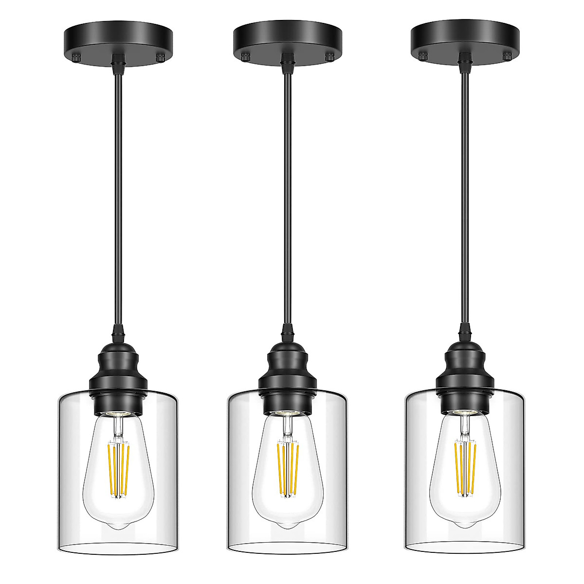 Licperron 3 Pack Hanging Pendant Lighting Fixtures, Adjustable Black Hanging Ceiling Lamp with Clear Glass Shade, Modern Pendant Light for Kitchen Island, Dining Room, Bedroom, Hallway