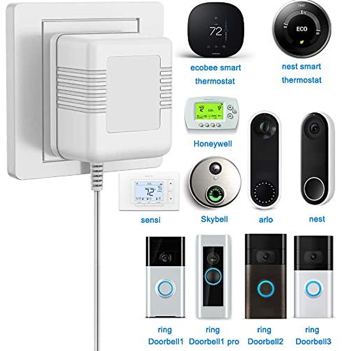 MEROM 24V 500mA 26ft C Wire Transformer Adapter Compatible with Nest/Ecobee/Sensi/Honeywell Thermostat, Nest Hello Doorbell/Ring Door Bell Power Supply