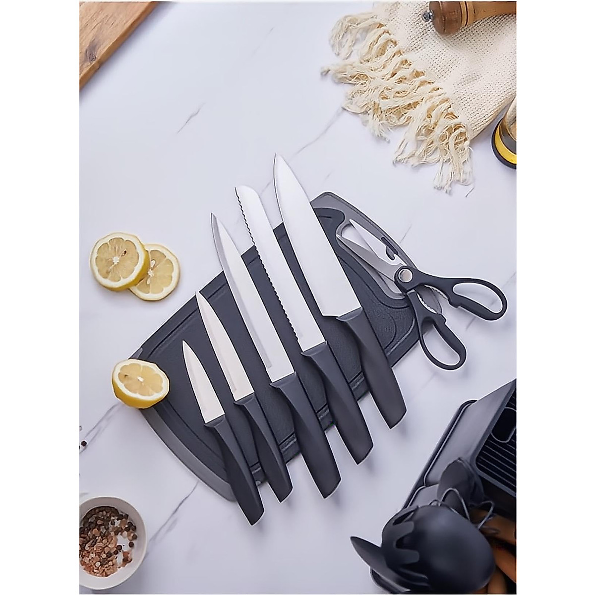 19 Pieces Kitchen Utensils and Knife Set with Block, with 9 Piece Silicone Cooking Utensils Set 5 Piece Sharp Stainless Steel Chef Knives Scissors Whisk Tongs and Cutting Board (19 in 1) (Pink)