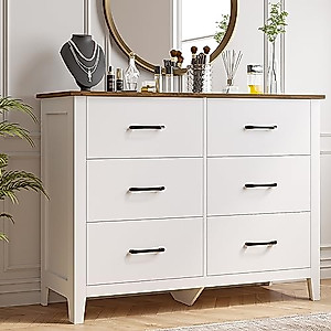 HOSTACK 6 Drawer Double Dresser, White Dresser, Wide Chest of Drawers, Wood Storage Dresser Chest Organizers for Living Room, Entryway, Hallway, White/Rustic
