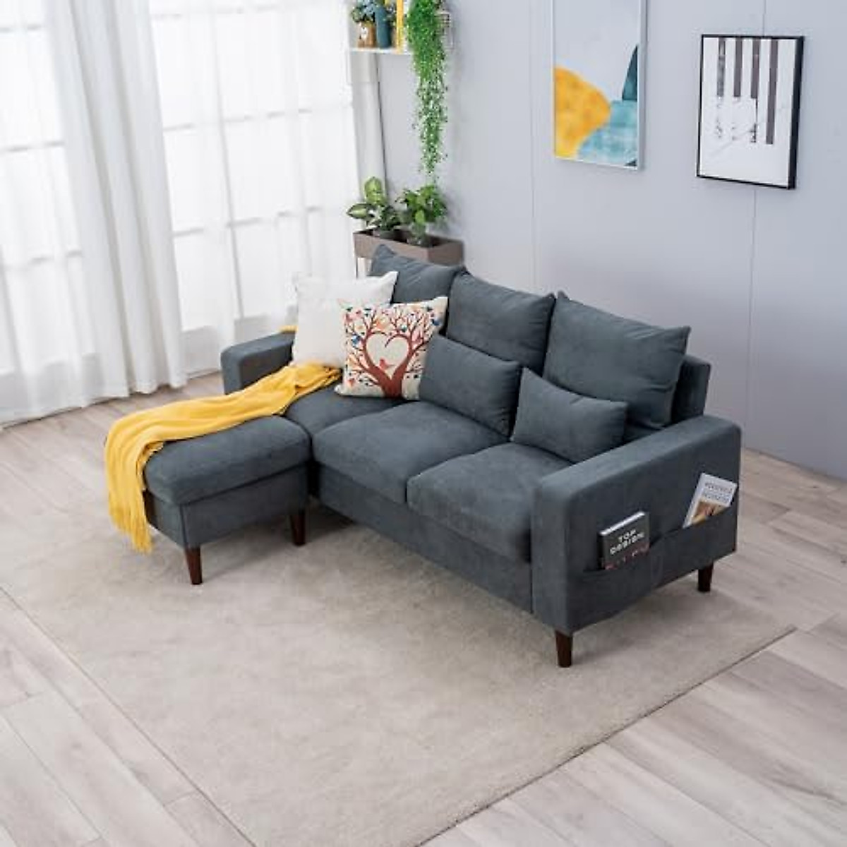 Panana 3-Seat Sofa Couch with Reversible Back Cushions Modern Fabric Sofa 3 Seater Couch for Small Apartment (Grey, 3 Seater with Ottoman Stool)