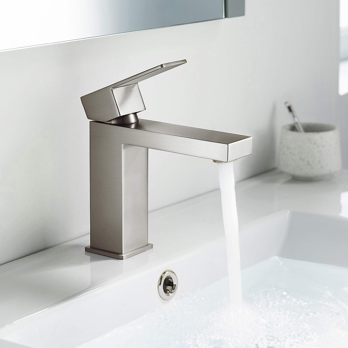 KIBI F202 Brushed Nickel Stainless Steel Bathroom Sink Faucet | Single Handle High Arc Faucet with Pop Up Drain | for Vanity & Lavatory Sinks | Easy Installation and Durable Construction