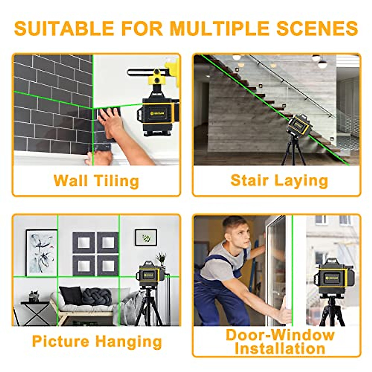 GROSAM Laser Level, 16-line Green Laser Level For Self-leveling Of Buildings And Picture Hangings, Two 360° Vertical Lines And Two 360° Horizontal Lines With Battery Power Detection
