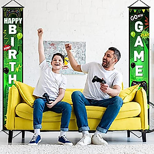 Game On Birthday Banner Video Game Birthday Party Decorations Game Controller Door Sign Happy Birthday Backdrop Banners Miner Gamer Birthday Party Background Block Night Decoration
