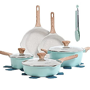 KOLEX Nonstick Cookware Sets,12-Piece Kitchenware Pots and Pans Set Granite Coating,Includes Frying Pans,Deep Frying pans,Stockpots And Cooking Tools,Suitable For All Stove,100% PFOA Free,Turquoise.